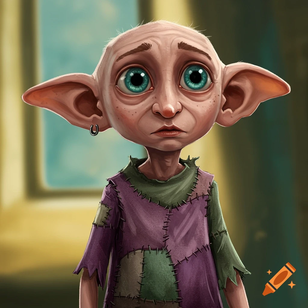 Illustration of a house elf with large eyes and ears, wearing a ...