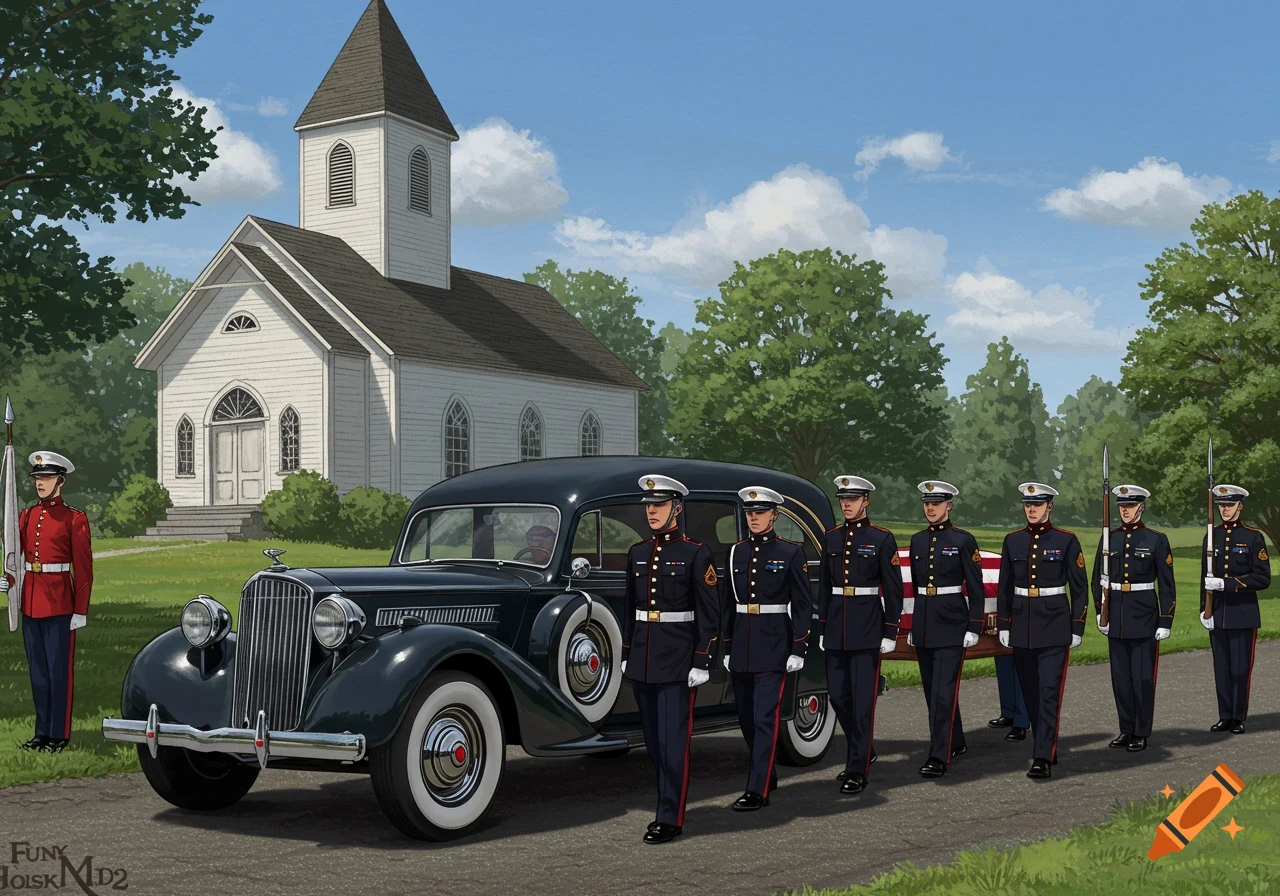 Military funeral procession with hearse, pallbearers, and honor guard ...