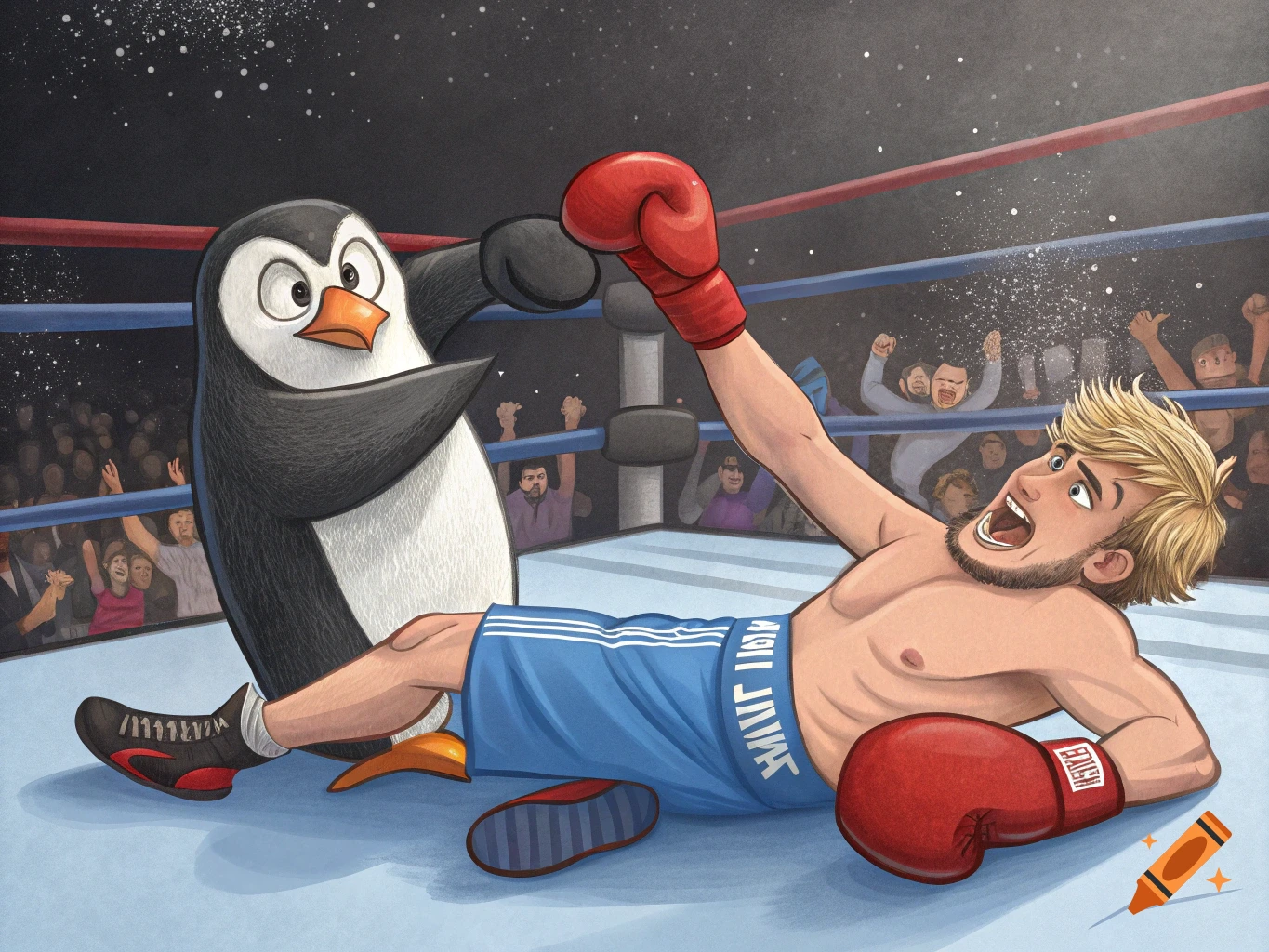 Cartoon penguin knocks out human boxer in a ring on Craiyon