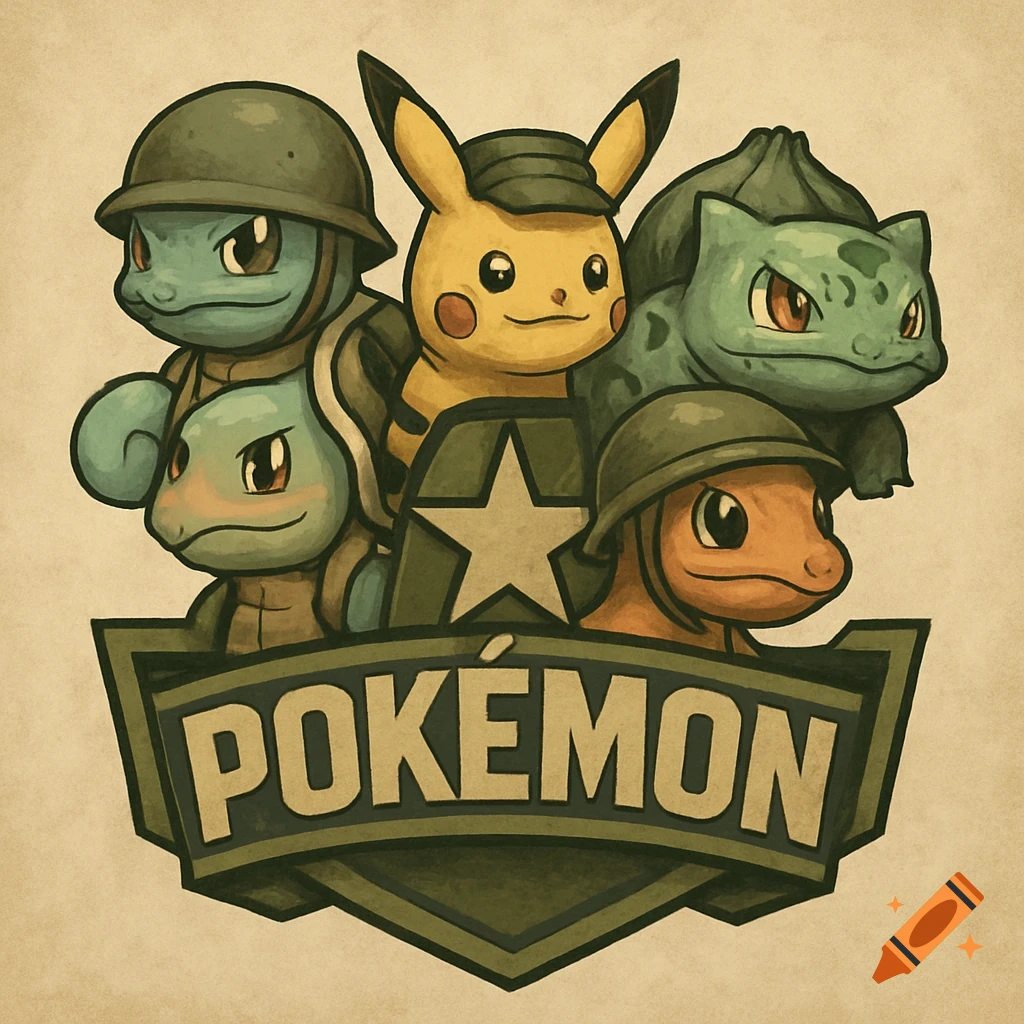 Illustration of Pokemon characters in army gear as a team logo with the ...