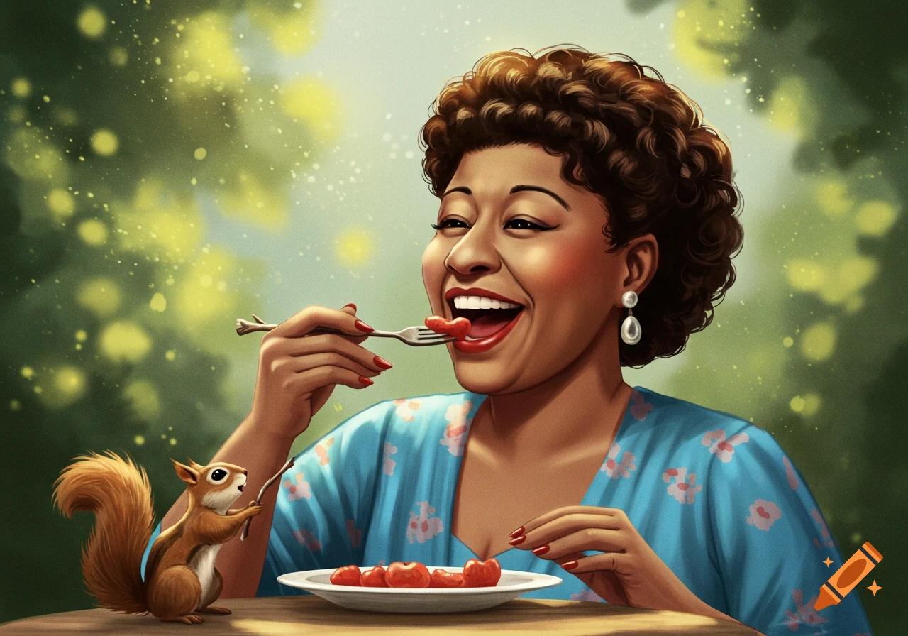 Illustration of a woman with curly hair eating heart-shaped food from a ...