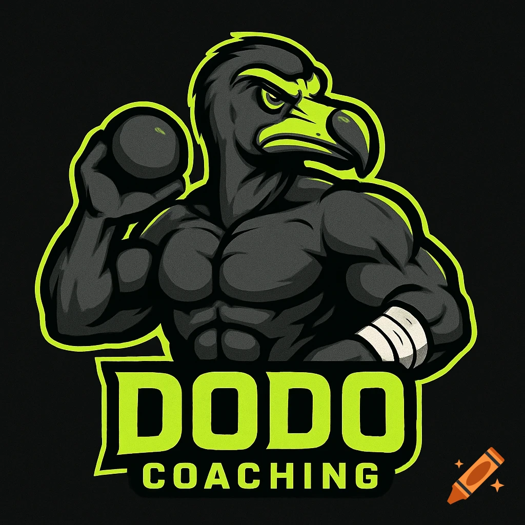 Logo of a muscular dodo bird holding a shotput, with 'DODO COACHING ...