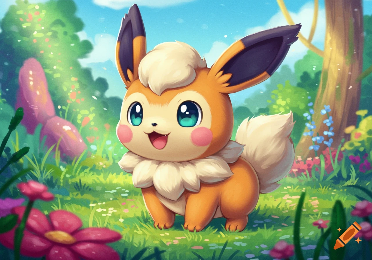 A cute cartoon Flareon Pokemon stands in a bright forest clearing ...