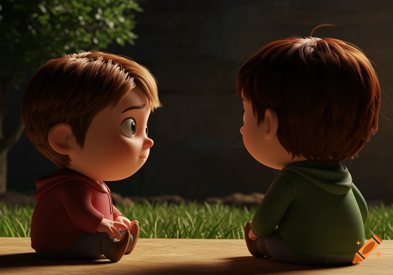 Two animated boys sitting facing each other on Craiyon