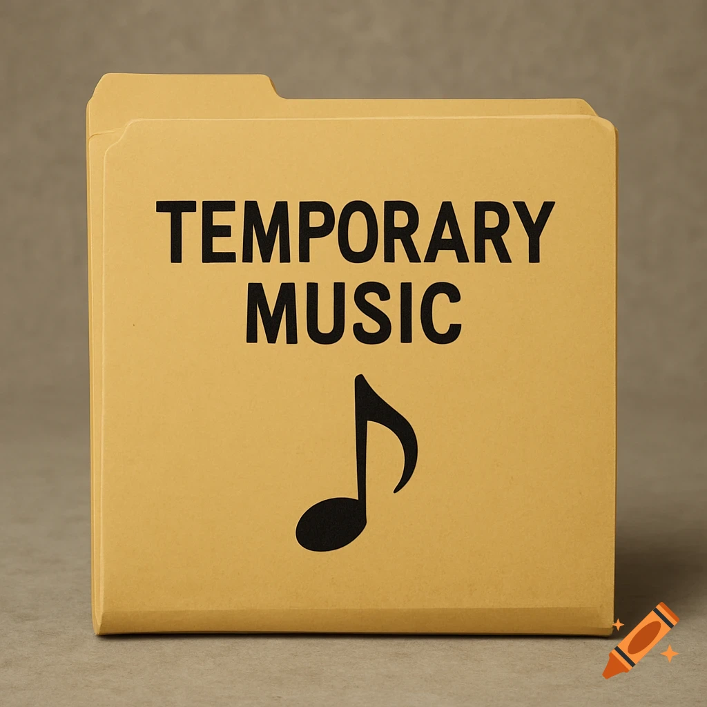 Manila folder labeled "TEMPORARY MUSIC" with a music note on Craiyon