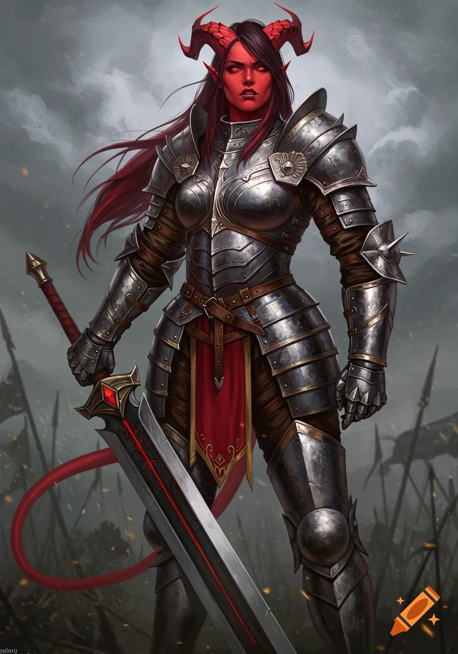 A female tiefling warrior in full plate armor stands on a battlefield holding a large sword in a ...