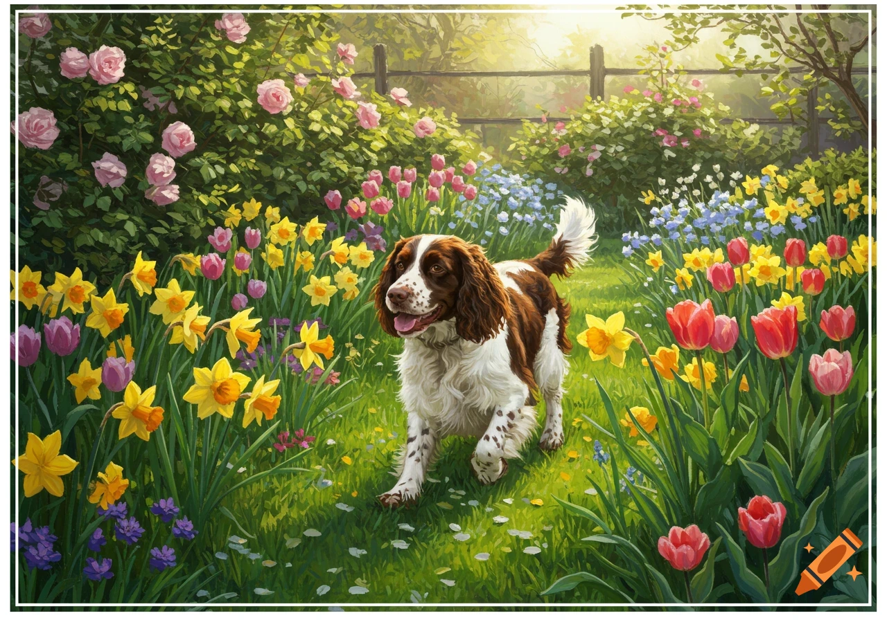 A springer spaniel runs through a lush spring garden filled with ...
