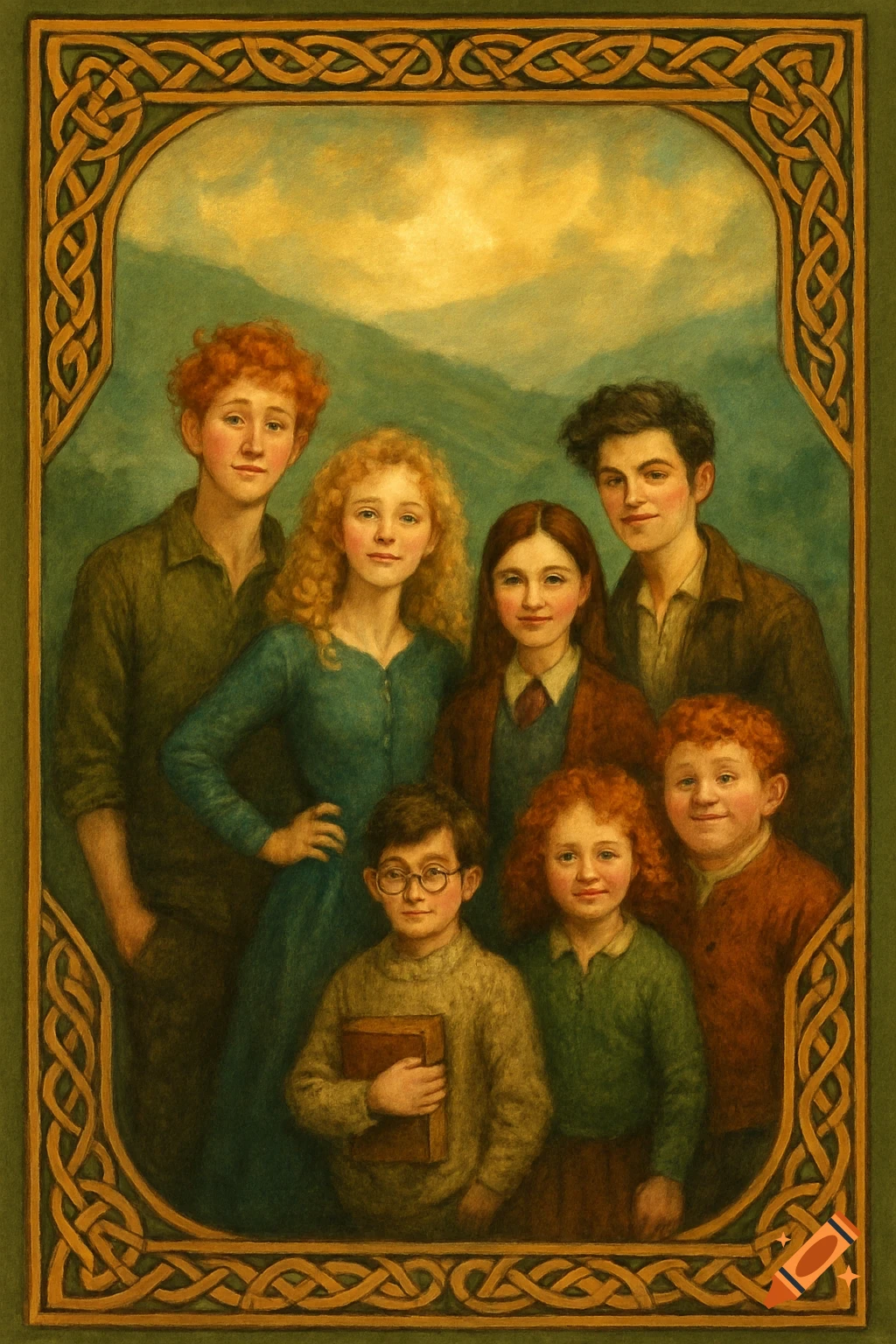 Painting of seven children and teenagers in fantasy style with a celtic ...
