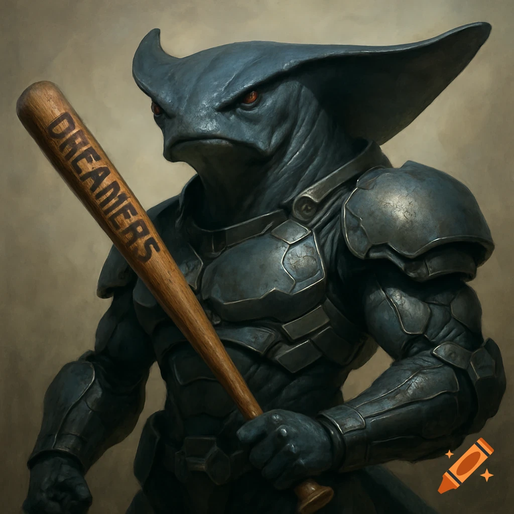 A creature resembling a devil ray in armor holds a baseball bat ...