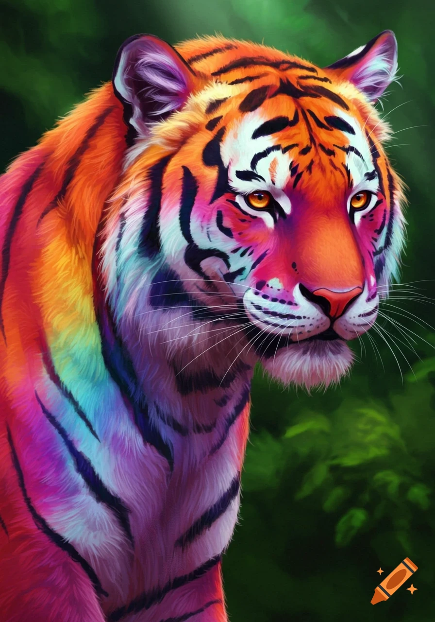 Portrait of a vibrant rainbow-colored tiger on Craiyon