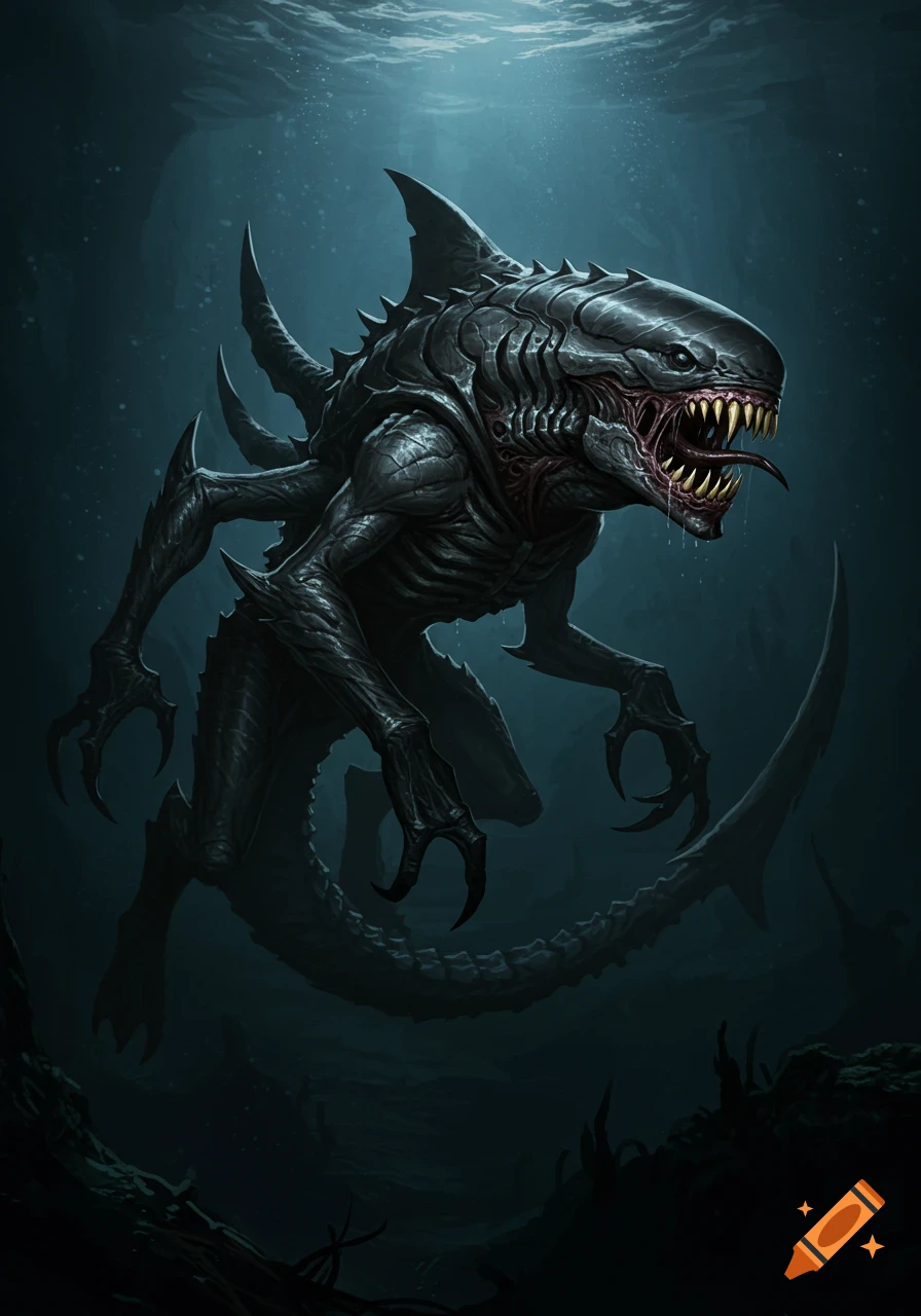 Dark, monstrous alien creature with a shark head and multiple limbs ...
