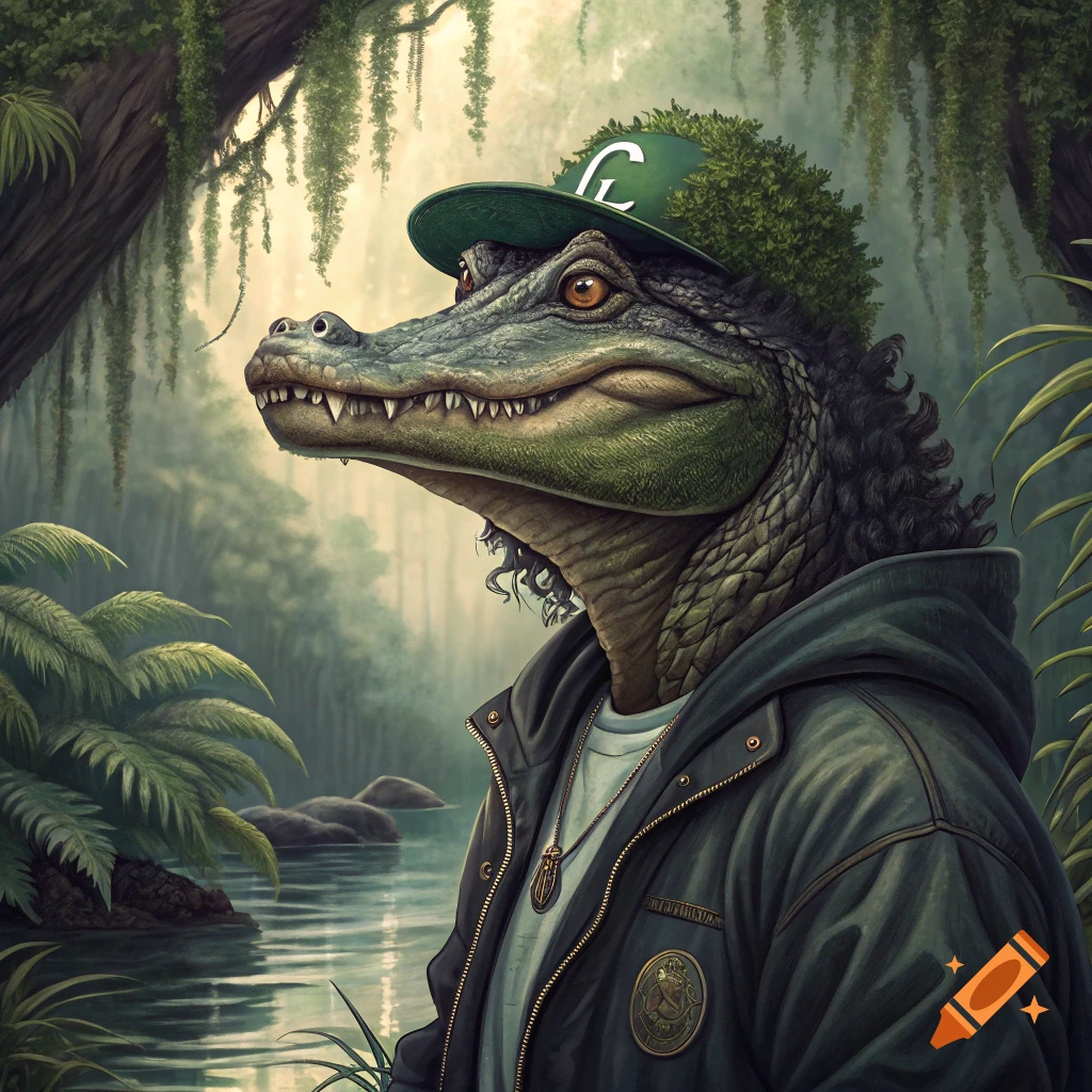 Anthropomorphic alligator in a baseball cap and jacket in a jungle ...