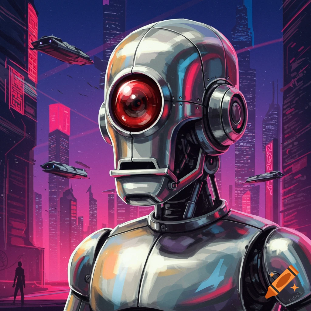 A silver robot with a red eye stands in a neon-lit cyberpunk city with ...