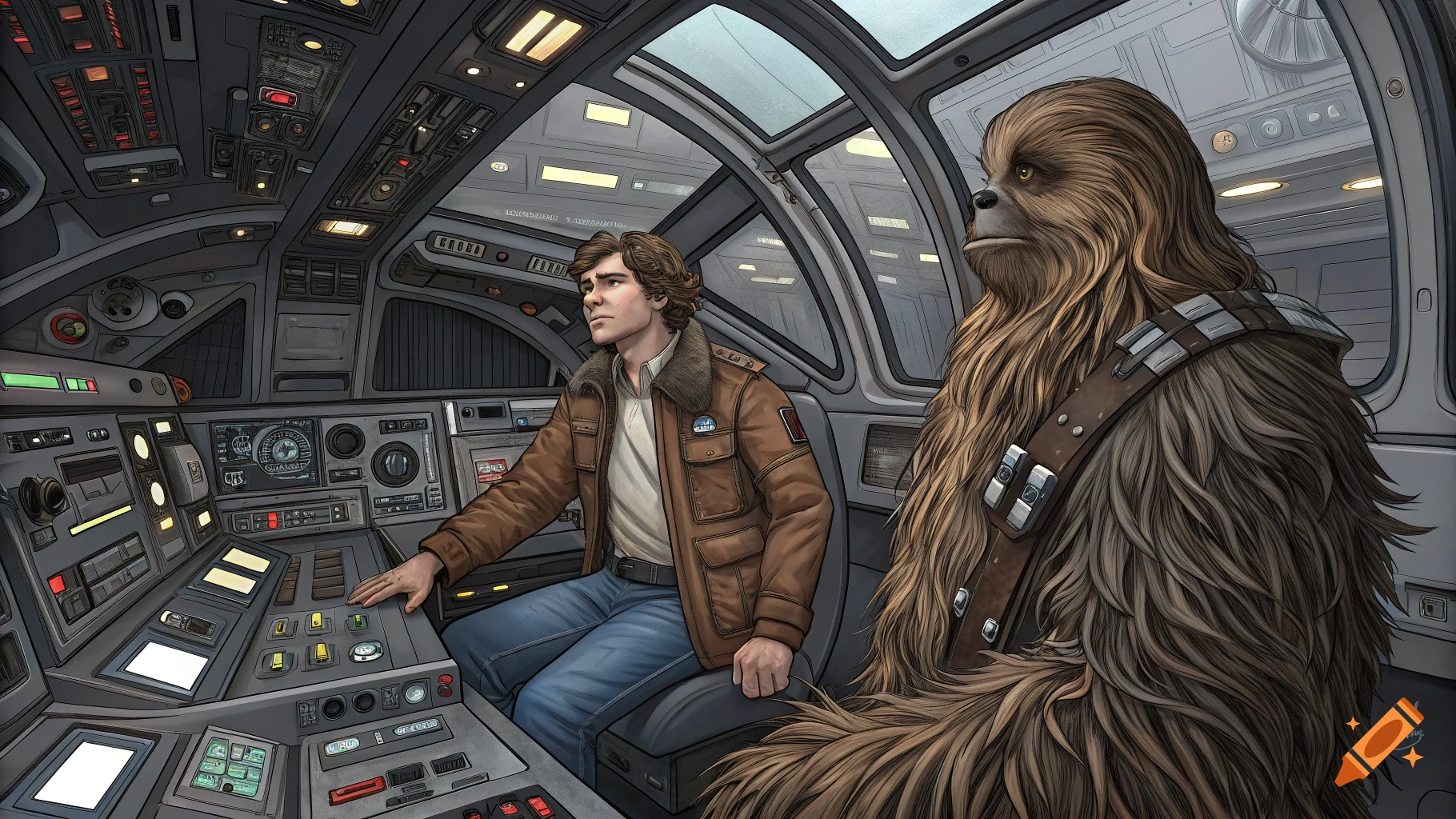 Illustration of Han Solo and Chewbacca in the cockpit of the Millennium ...