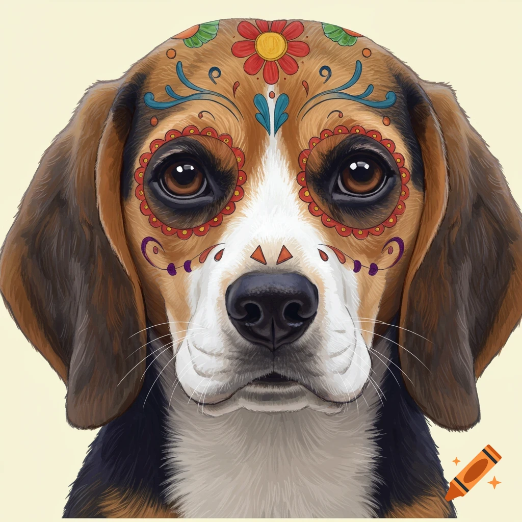 Illustration of a beagle dog face with intricate colorful sugar skull ...