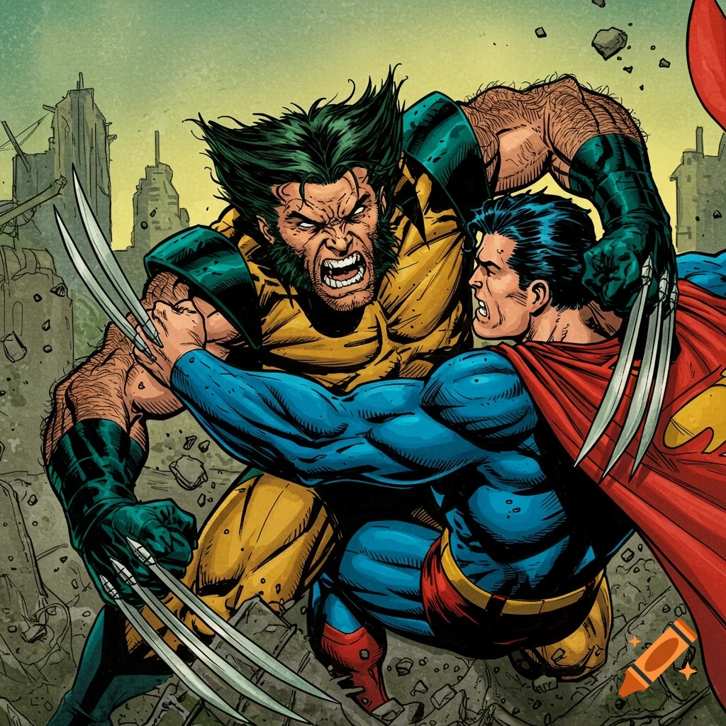 Wolverine with claws fighting Superman in a comic art style on Craiyon