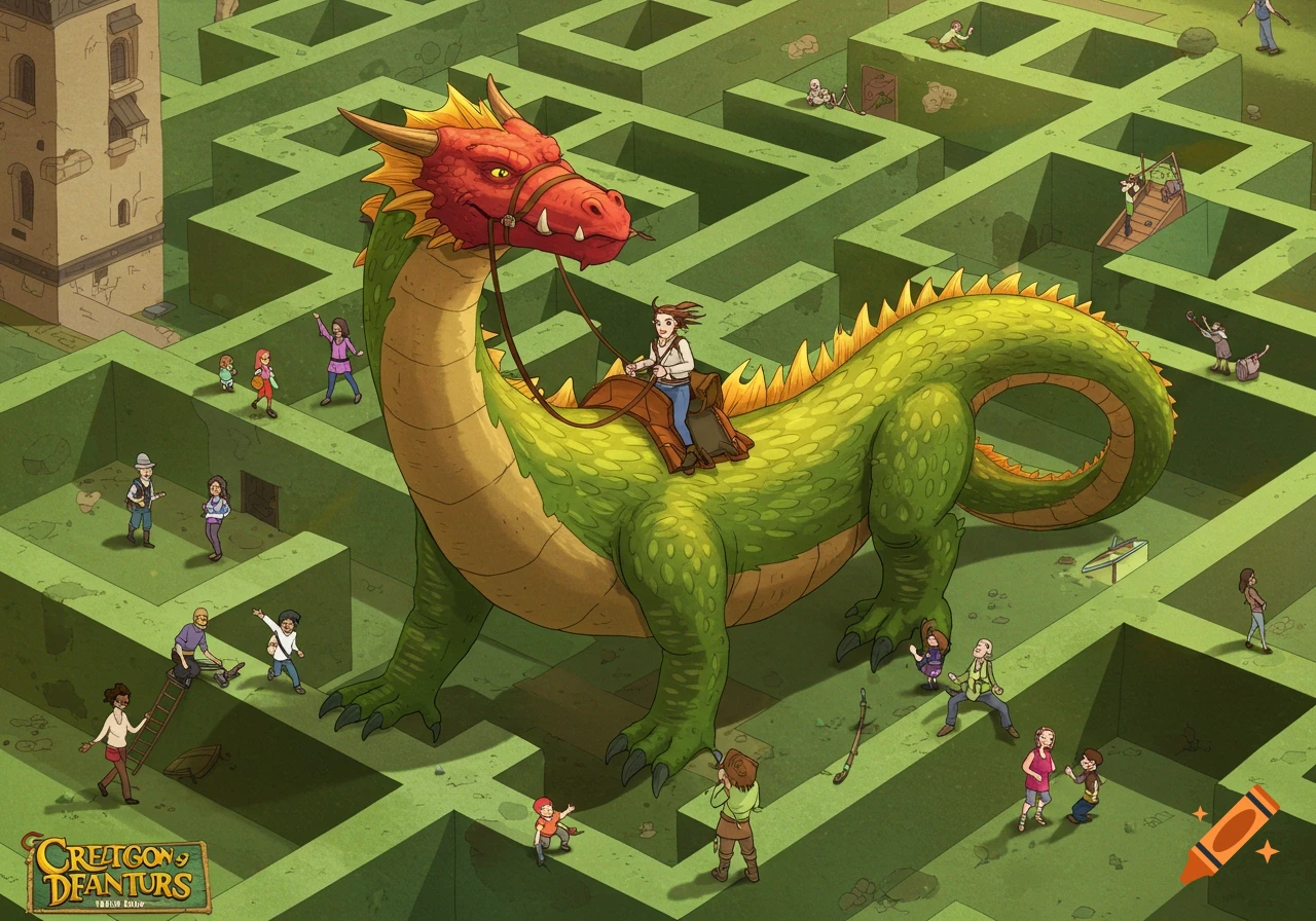 A large green dragon with a red head stands in a maze, with a person ...