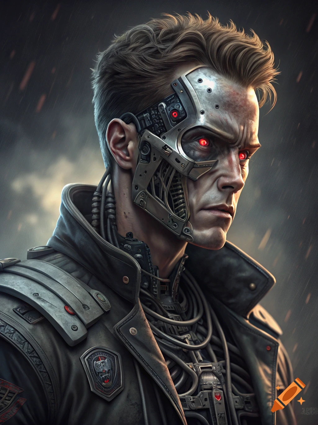 Close-up portrait of a cyborg man with red eyes and half his face ...