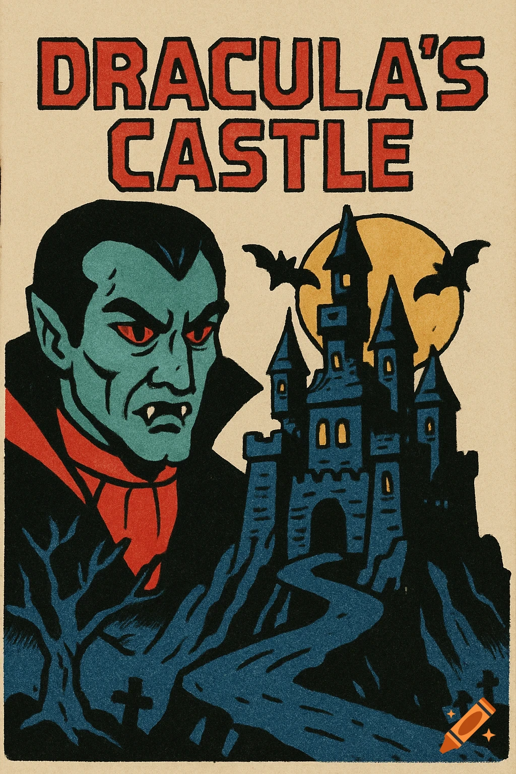 Retro style art of Dracula looking at his castle, with bats and graves ...