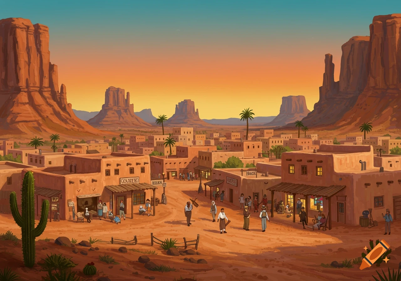 Illustration of a Western desert town at sunset with adobe buildings ...