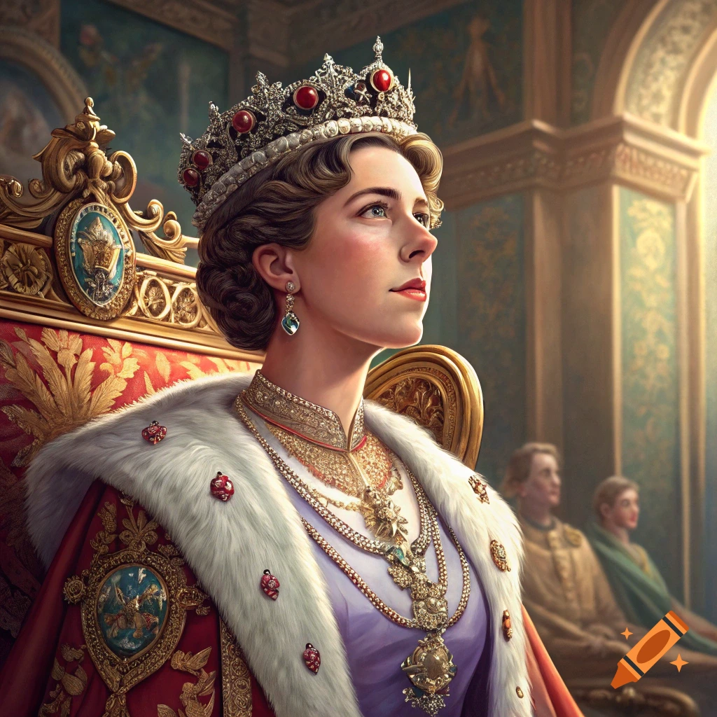 A regal woman wearing a crown and ornate robe sits on a golden throne ...