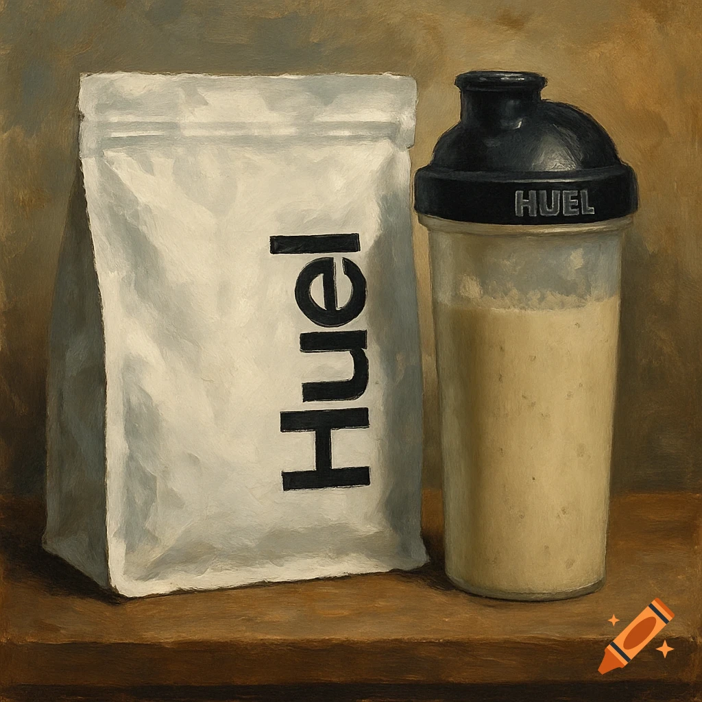 A painterly still life of a white bag labeled Huel next to a shaker ...