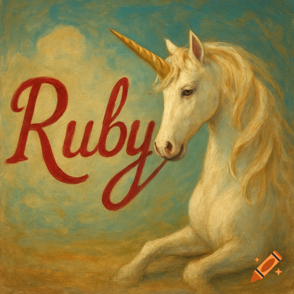 A painted style illustration of a unicorn sitting with the word Ruby ...
