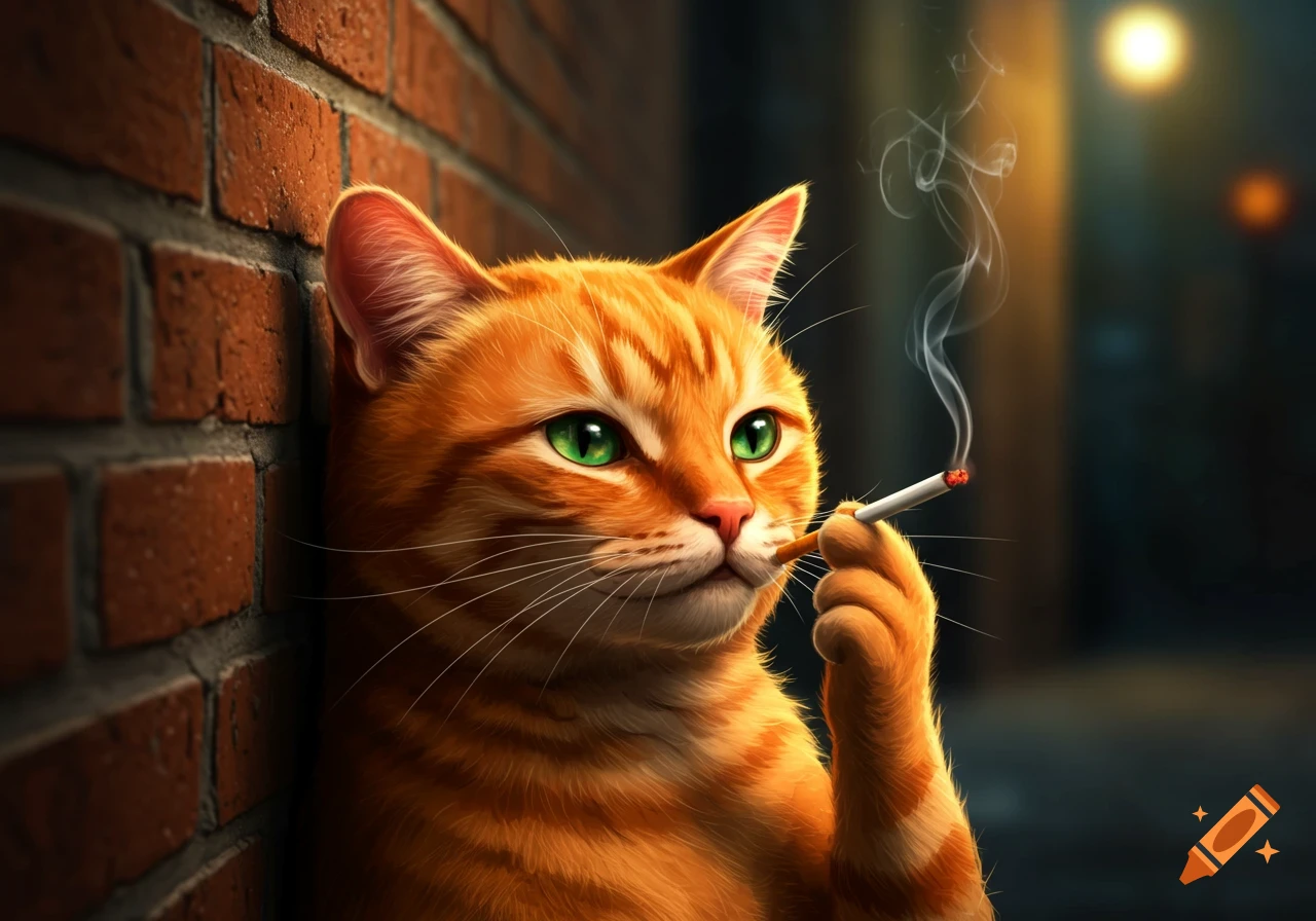 Orange tabby cat smoking a cigarette against a brick wall on Craiyon