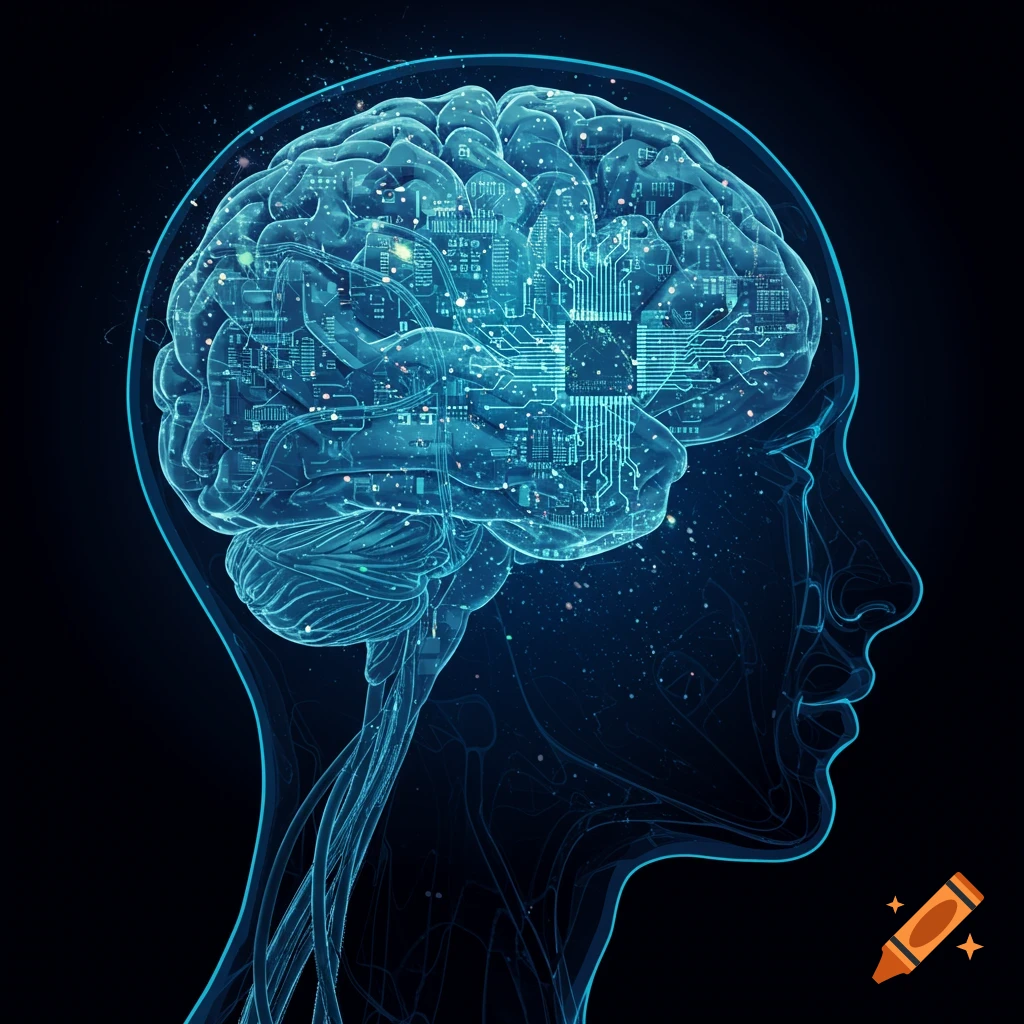 Stylized side profile of a human head with glowing blue computer circuits inside the brain. on ...