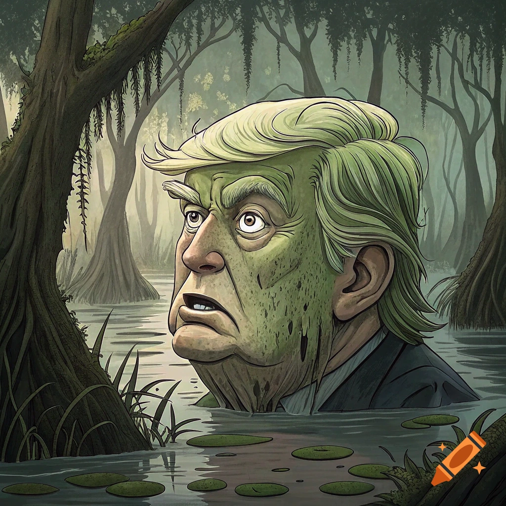 Cartoon caricature of Donald Trump with a swampy green face in a swamp ...