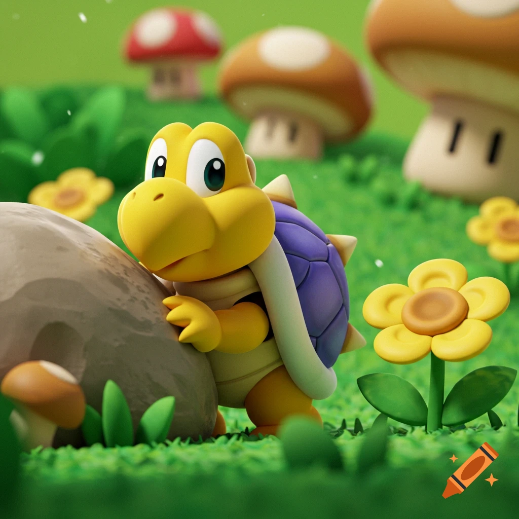3D stylized image of Kooper the Koopa Troopa next to a rock in a grassy ...