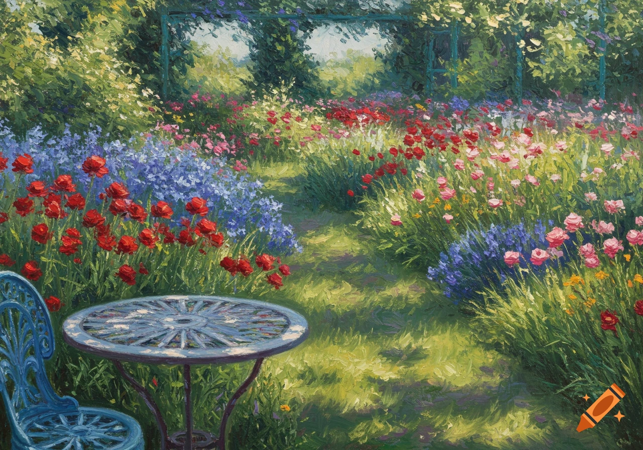 Monet style painting of a lush garden with red and blue flowers and a ...