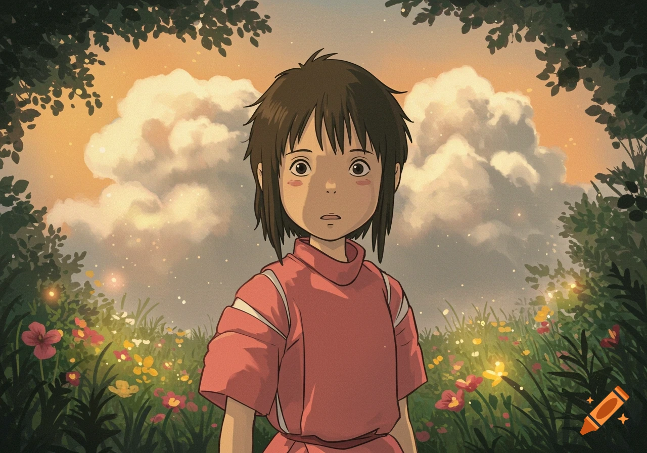 Anime illustration of Chihiro from Spirited Away standing in a flower ...