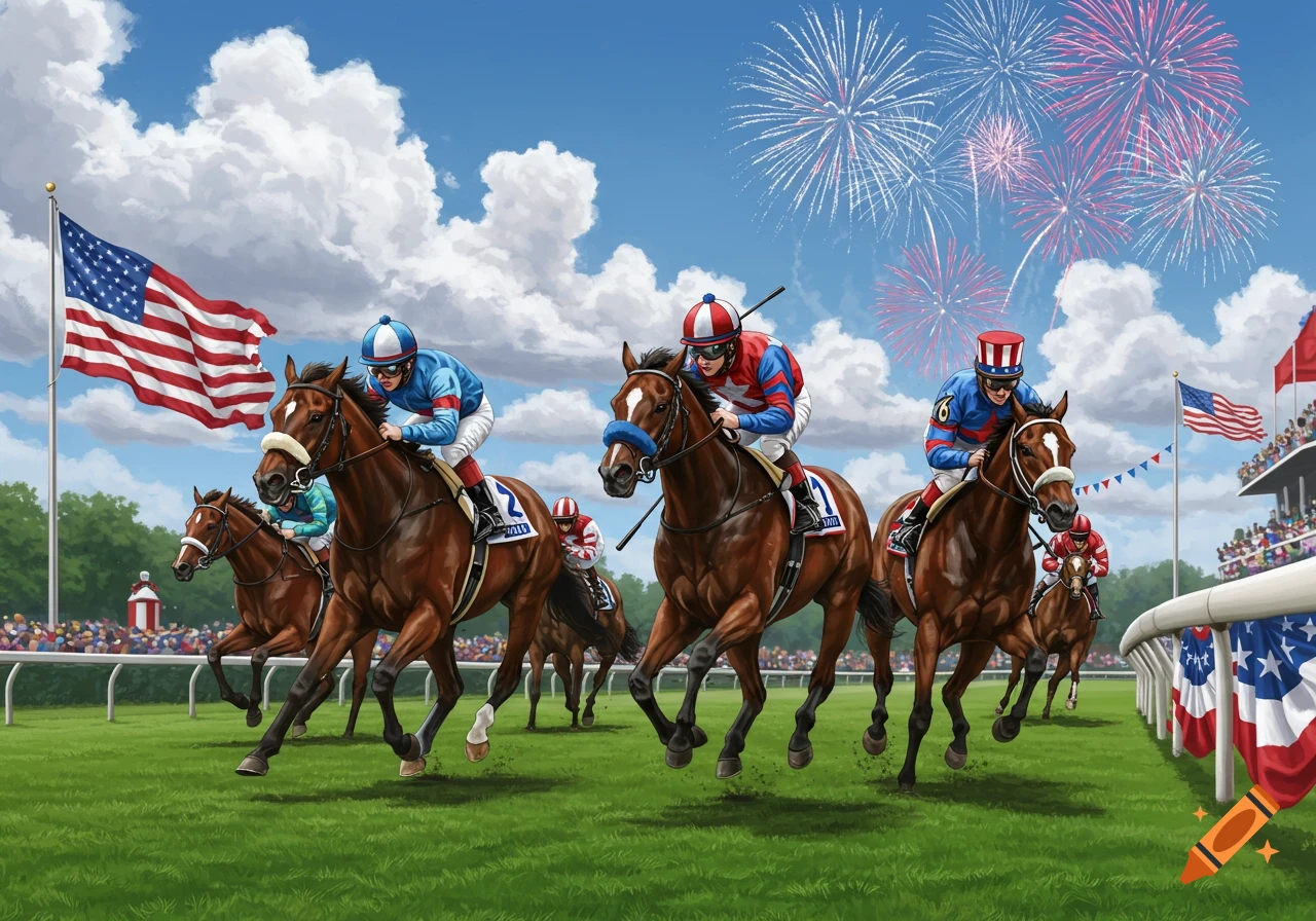 Horses racing on a track with American flags and fireworks on the 4th ...