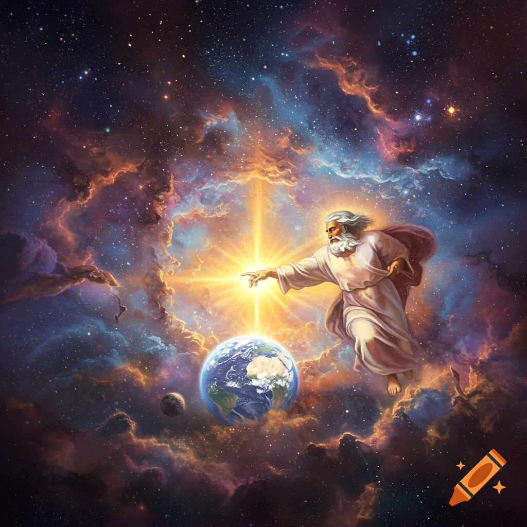 God creating the Earth and light in space amidst nebulae and stars ...