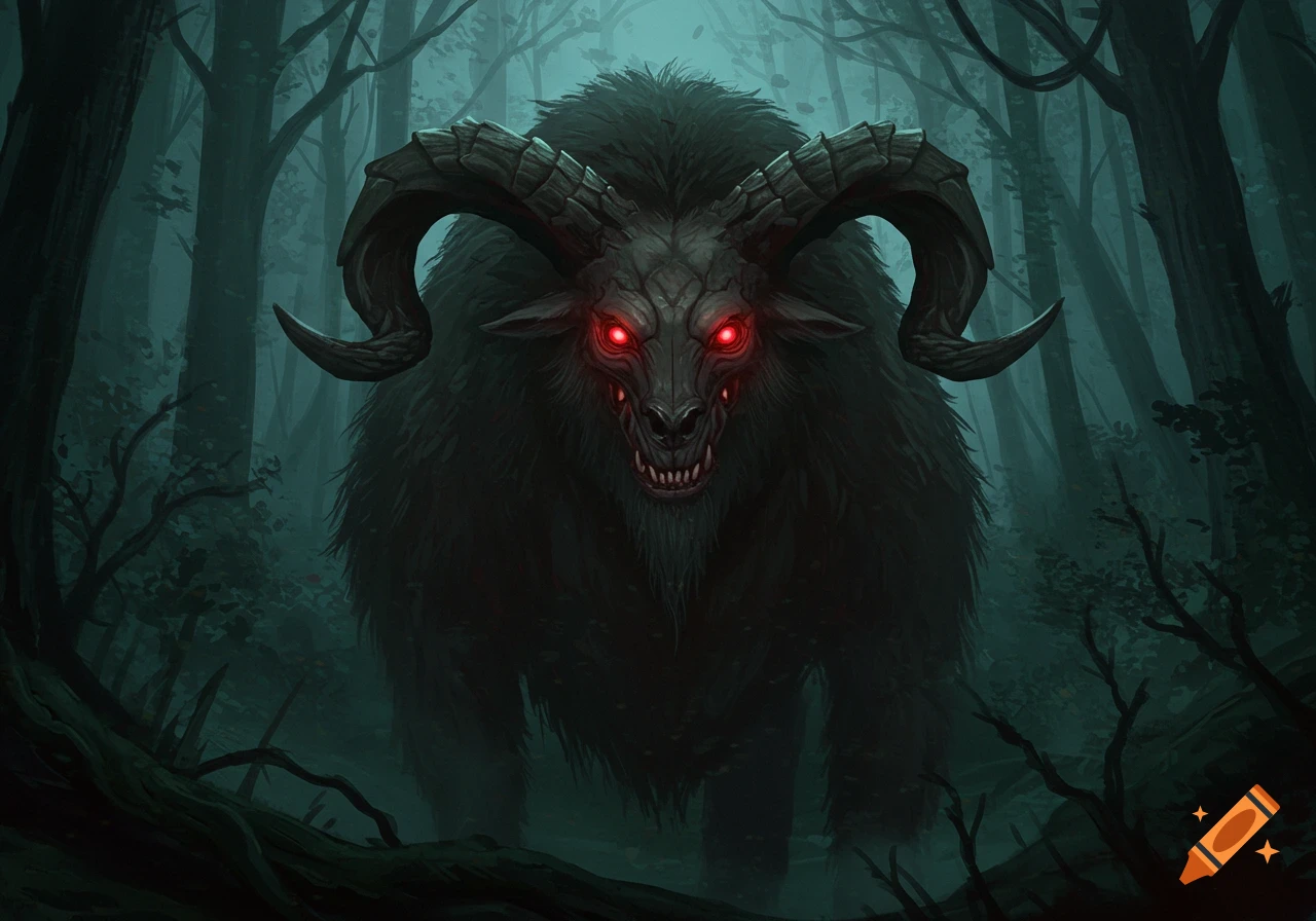 A large, dark, horned beast with glowing red eyes stands in a spooky forest. on Craiyon