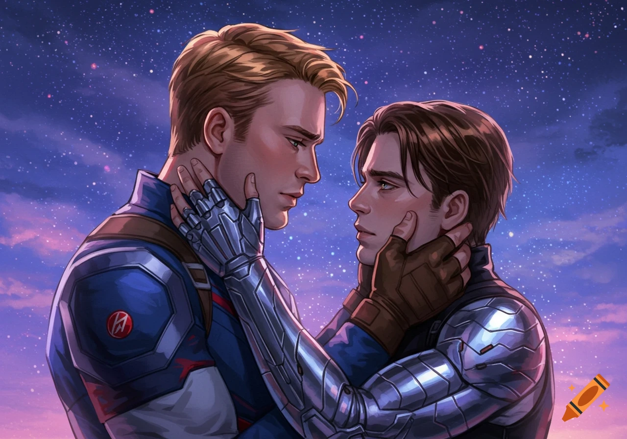 Captain America and Bucky look at each other under a starry sky, digital art. on Craiyon