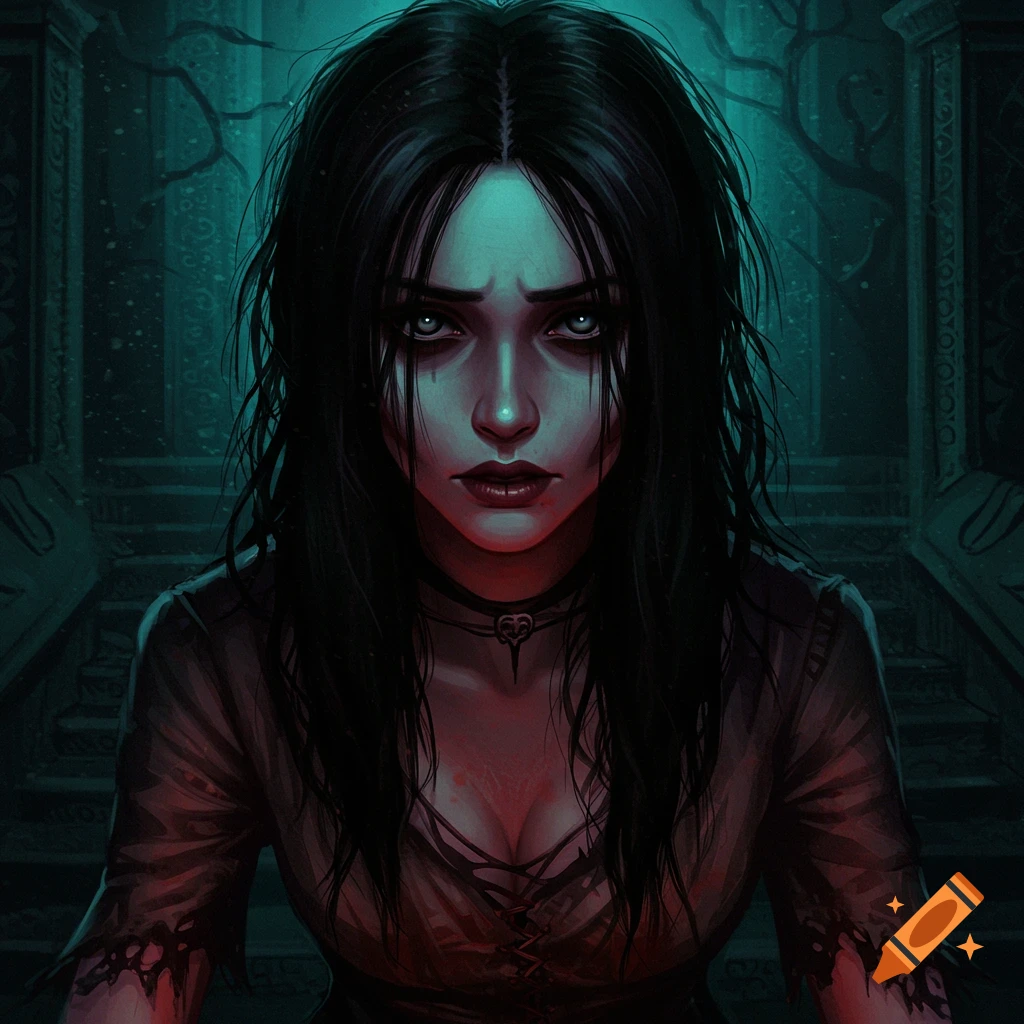 Portrait of a young woman with dark hair and heavy makeup in a dark ...