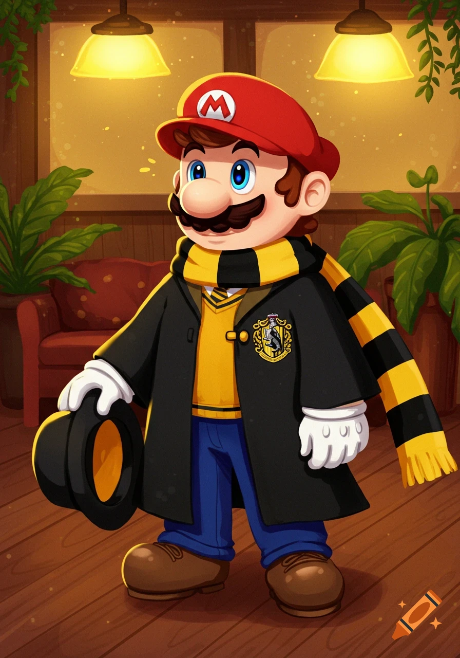 Mario wearing Hufflepuff robes and scarf stands in a cozy room. on Craiyon