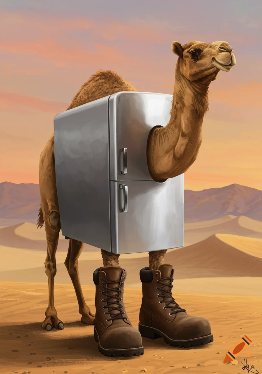 A camel with a refrigerator for a body and wearing boots stands in a ...
