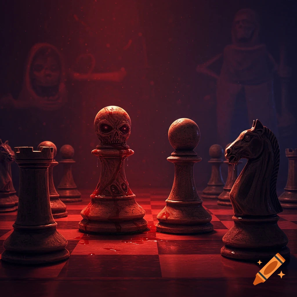 Horror-themed chess board with skull pawn and blood splotches on Craiyon