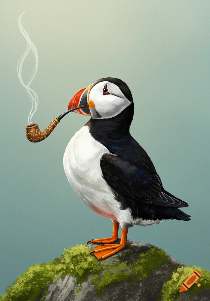 Illustration of a puffin smoking a pipe while standing on a mossy rock ...
