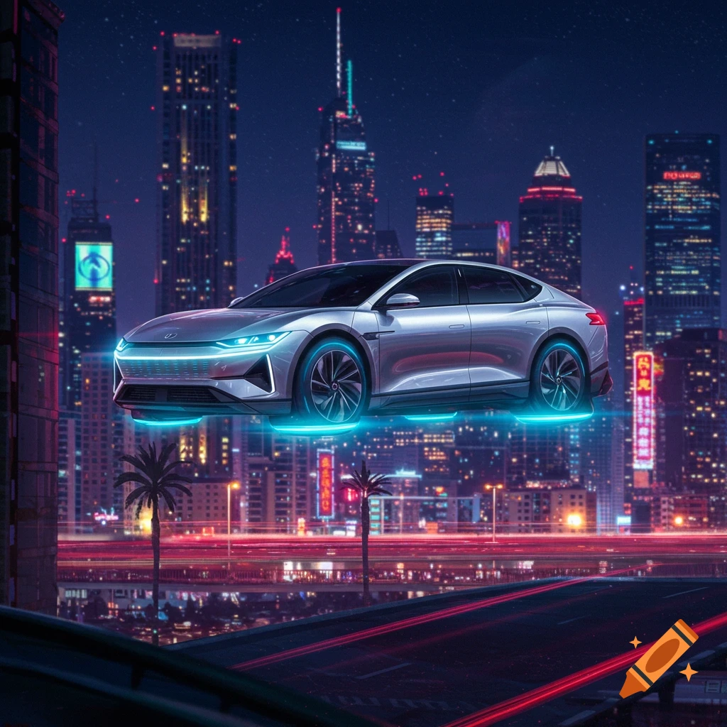 A silver flying car with glowing blue lights hovers above a city ...
