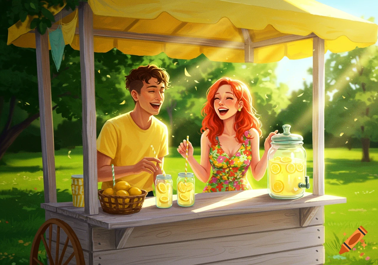 Illustration of a young couple smiling behind a lemonade stand on a ...