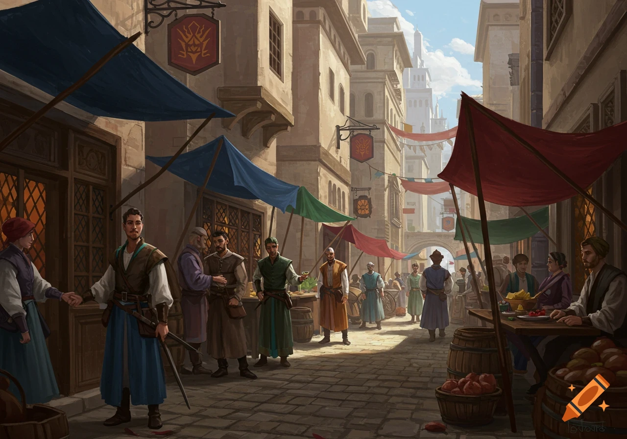 A bustling fantasy market street with people, stalls, banners, and ...