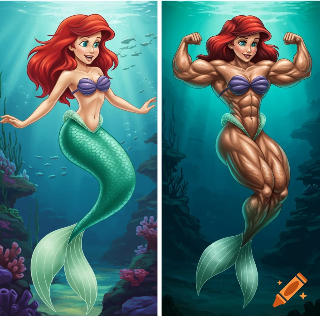 Two panels show Ariel the mermaid, before and after muscle growth, in an underwater scene. on ...