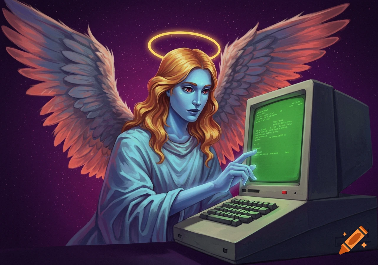 A winged angel with a halo looks at a retro computer screen in a ...