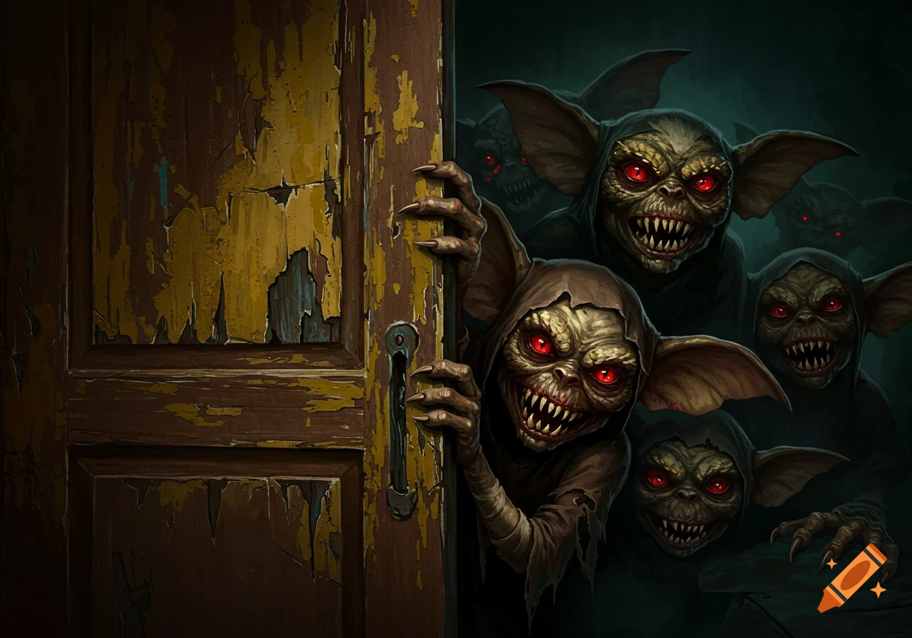 Scary gremlins with red eyes peering from behind an old wooden door on ...