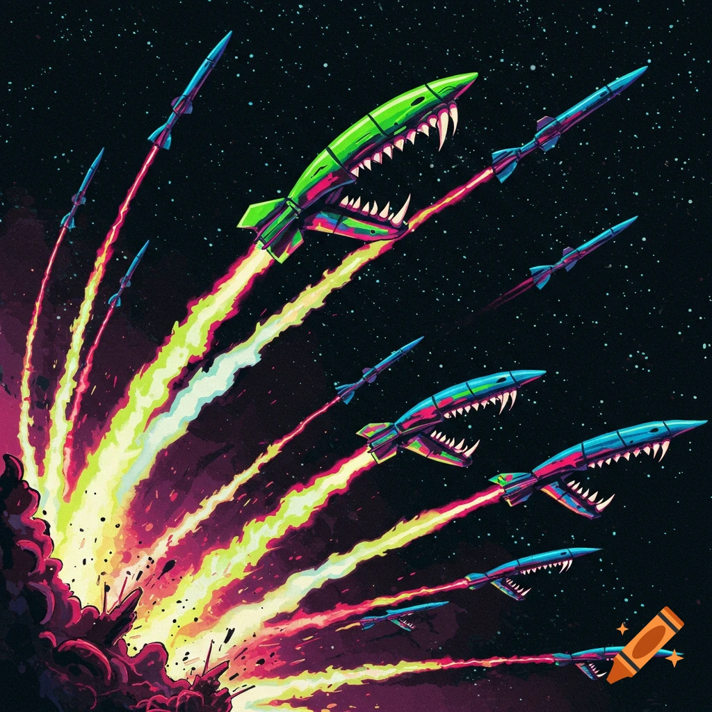 Cartoon rockets shaped like mouths with teeth fly from an explosion in ...