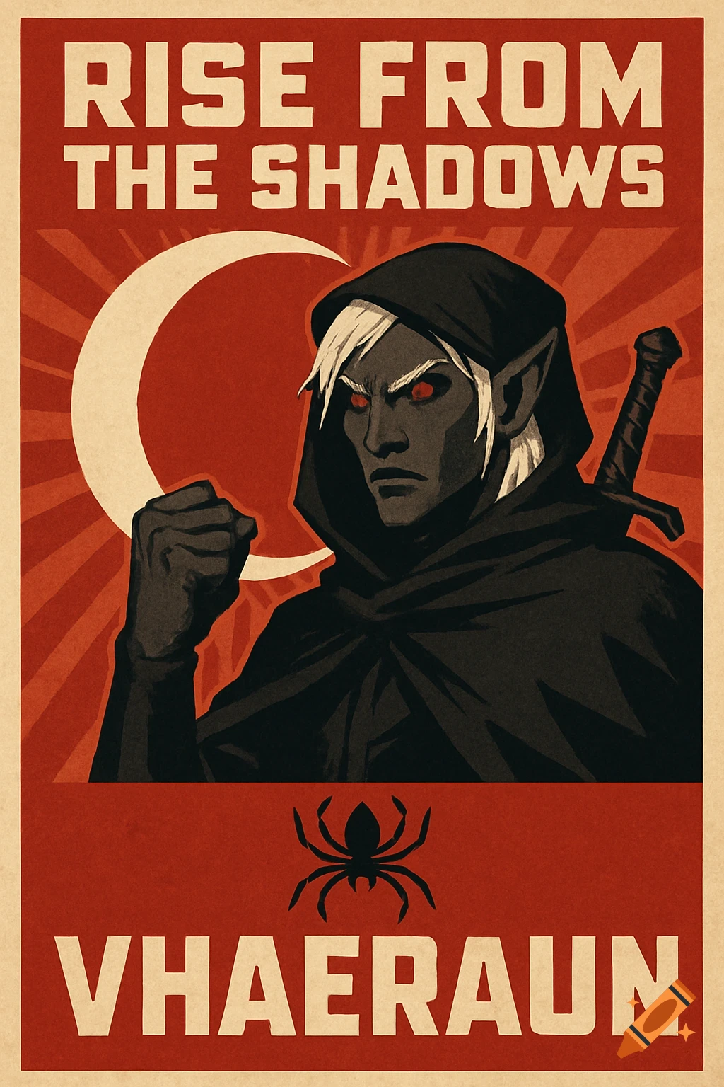 Propaganda poster for Vhaeraun featuring a Drow character, text 'RISE ...
